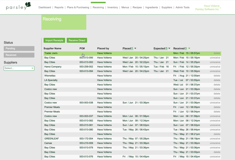 Receiving - Parsley | Culinary Software for Chefs
